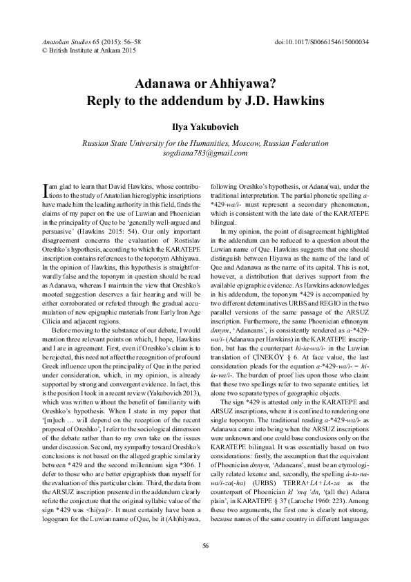 (PDF) Adanawa or Ahhiyawa? Reply to the addendum by J.D. Hawkins