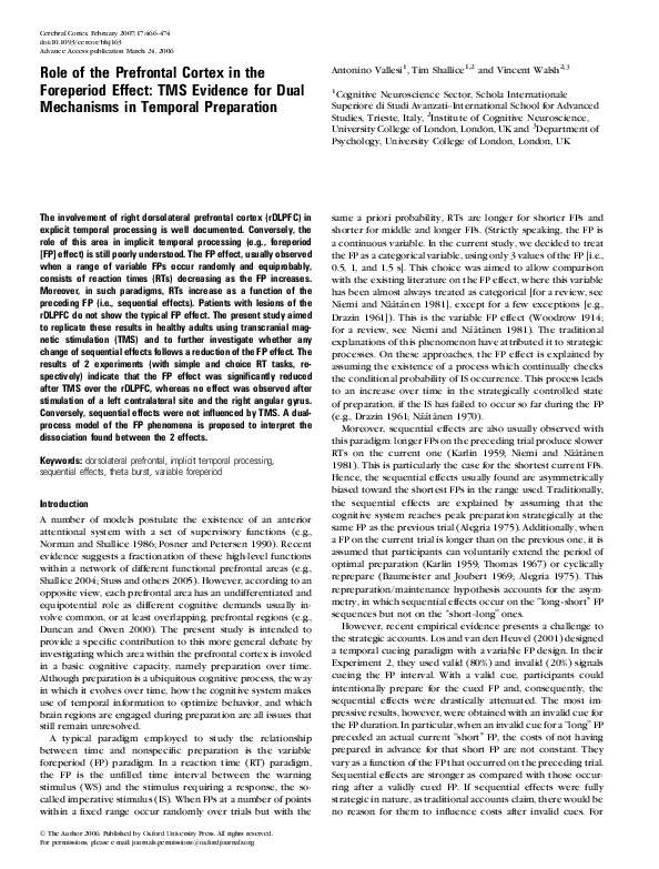 Role of the Prefrontal Cortex in the Foreperiod Effect: TMS Evidence ...