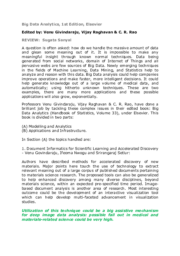 (PDF) Big Data Analytics: Handbook of statistics, Volume 33