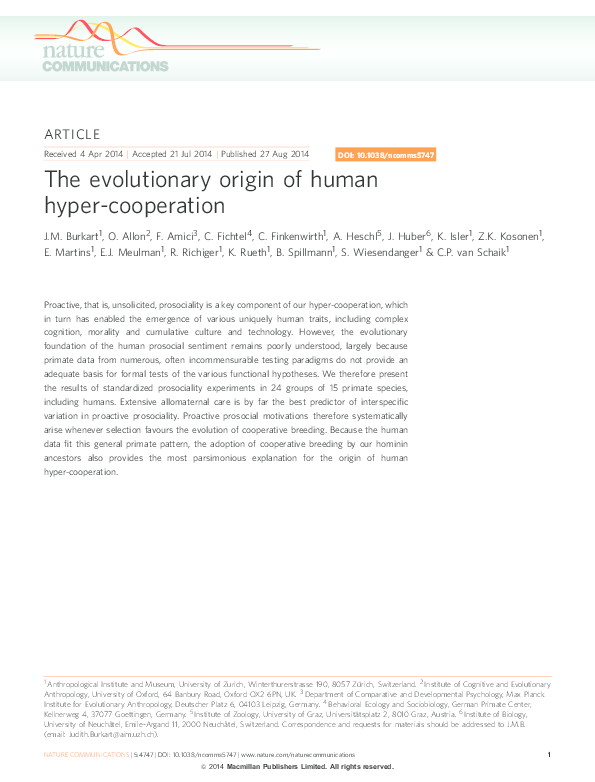 (PDF) The evolutionary origin of human hyper-cooperation