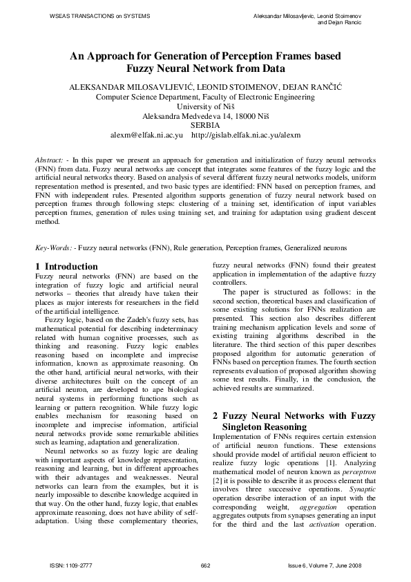 (PDF) An approach for generation of perception frames based fuzzy neural network from data