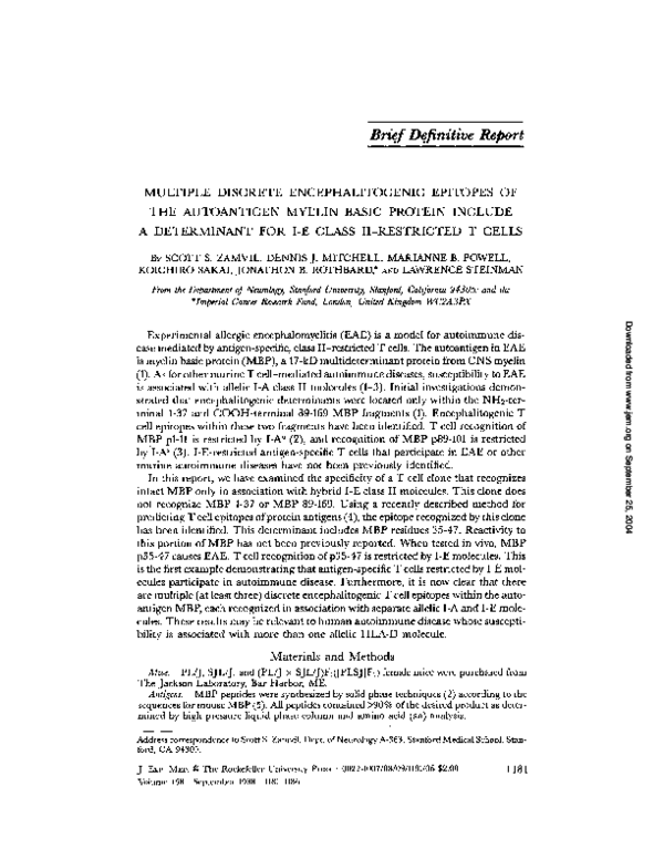 (PDF) Multiple discrete encephalitogenic epitopes of the autoantigen ...