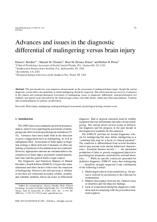 (PDF) Advances and issues in the diagnostic differential of malingering versus brain injury