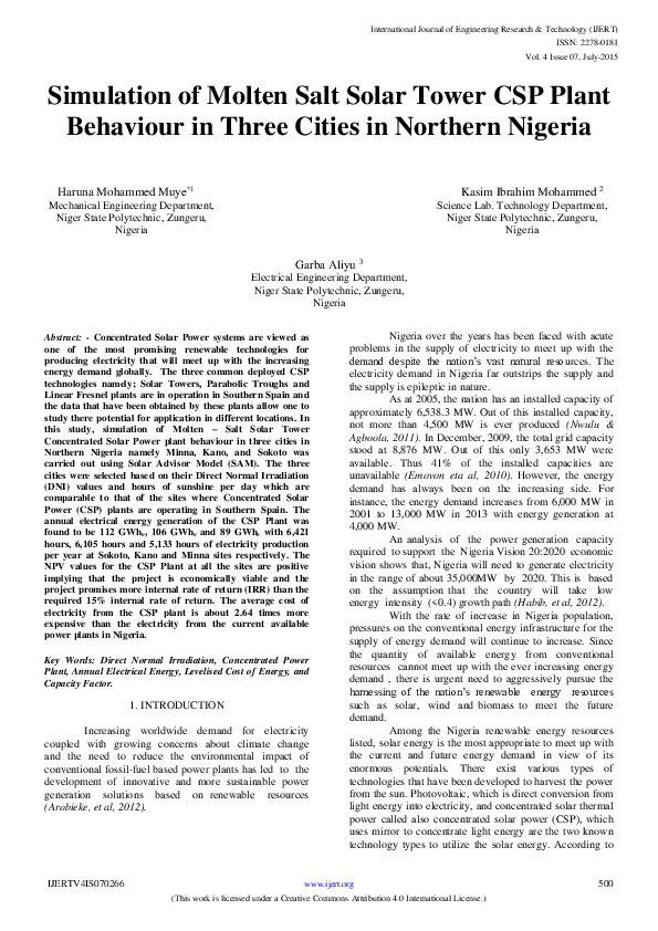 Simulation of Molten Salt Solar Tower CSP Plant Behaviour in Three ...