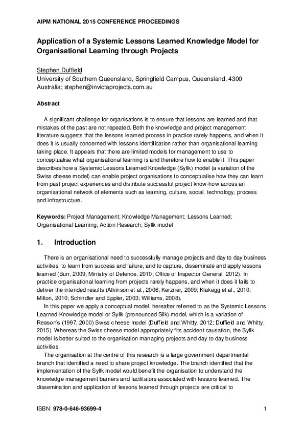 (PDF) Application of a Systemic Lessons Learned Knowledge Model for ...