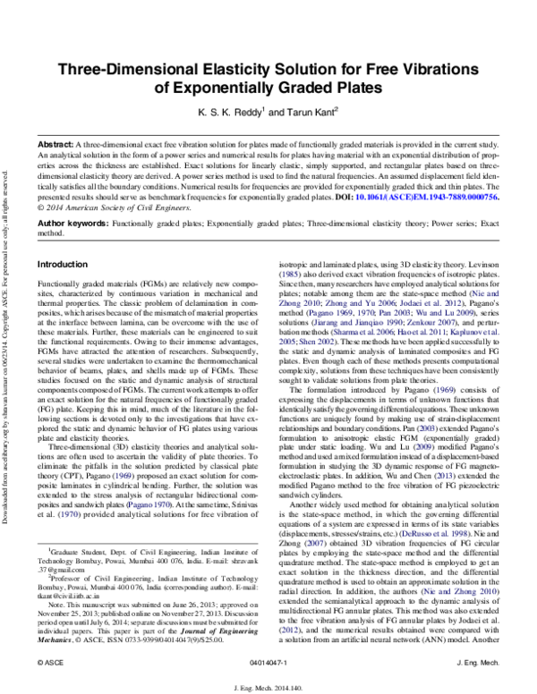 (PDF) Three-Dimensional Elasticity Solution for Free Vibrations of ...