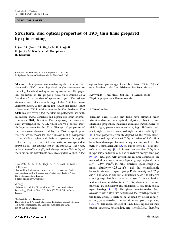 Pdf Structural And Optical Properties Of Tio2 Thin Films Prepared By Spin Coating