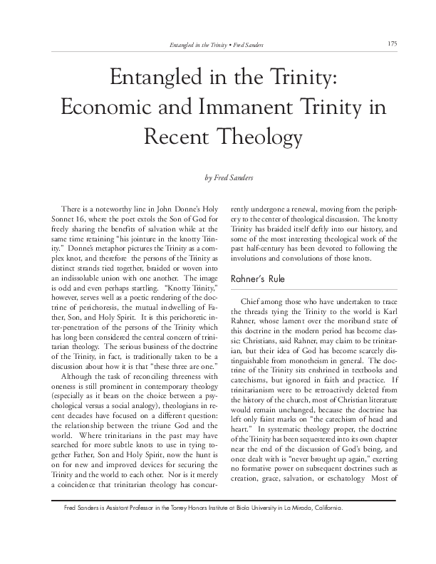 (PDF) Entangled in the Trinity: Economic and Immanent Trinity in Recent ...