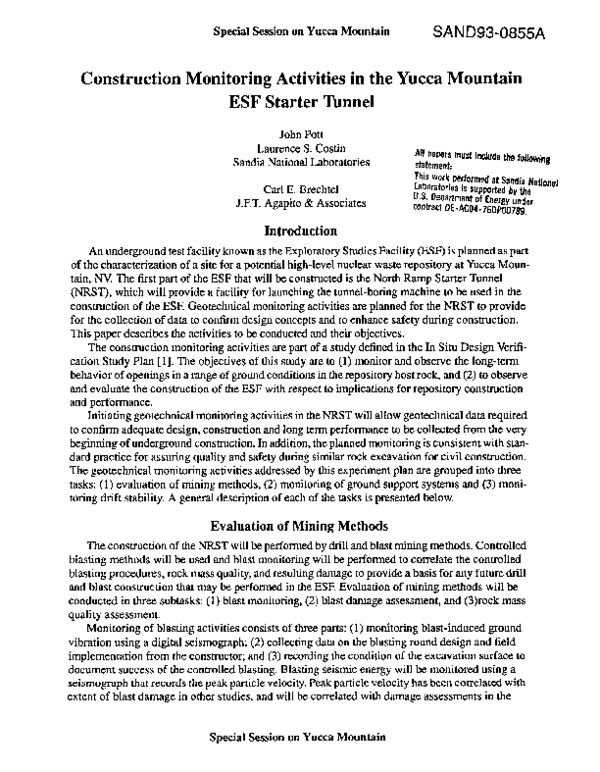 (PDF) Construction Monitoring Activities In The Yucca Mountain Esf ...