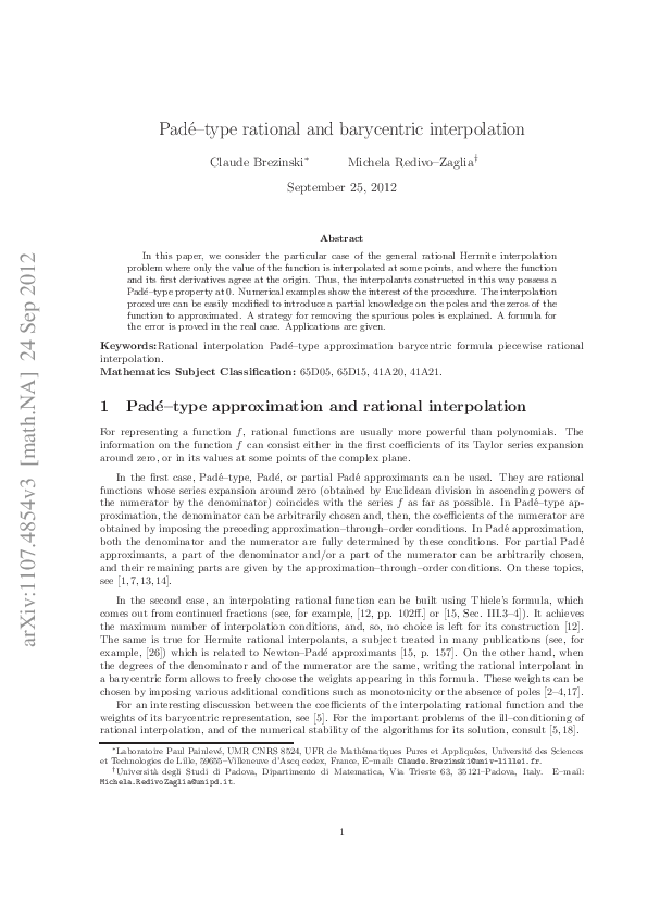 Pdf Pade Type Rational And Barycentric Interpolation