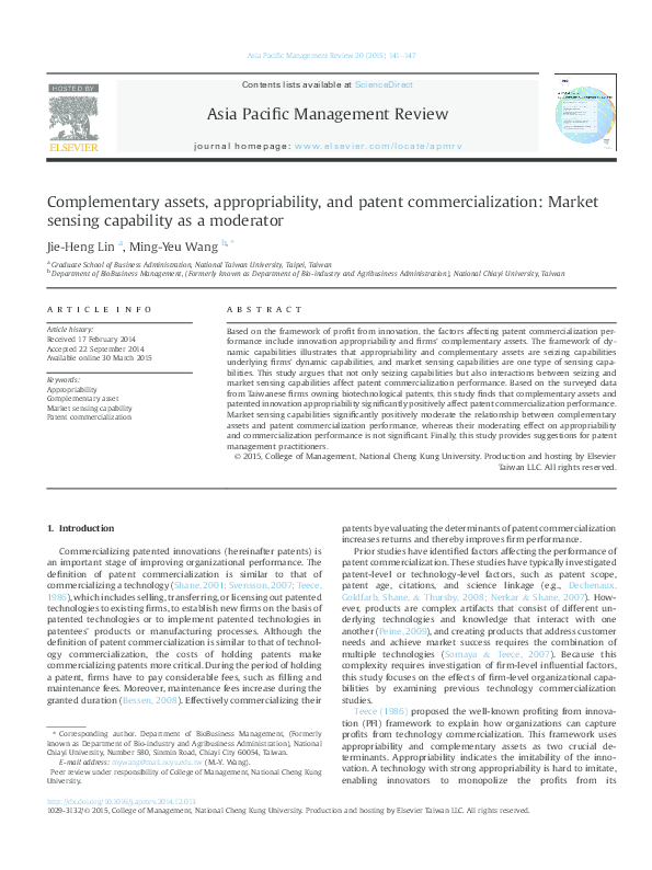 (PDF) Complementary assets, appropriability, and patent ...