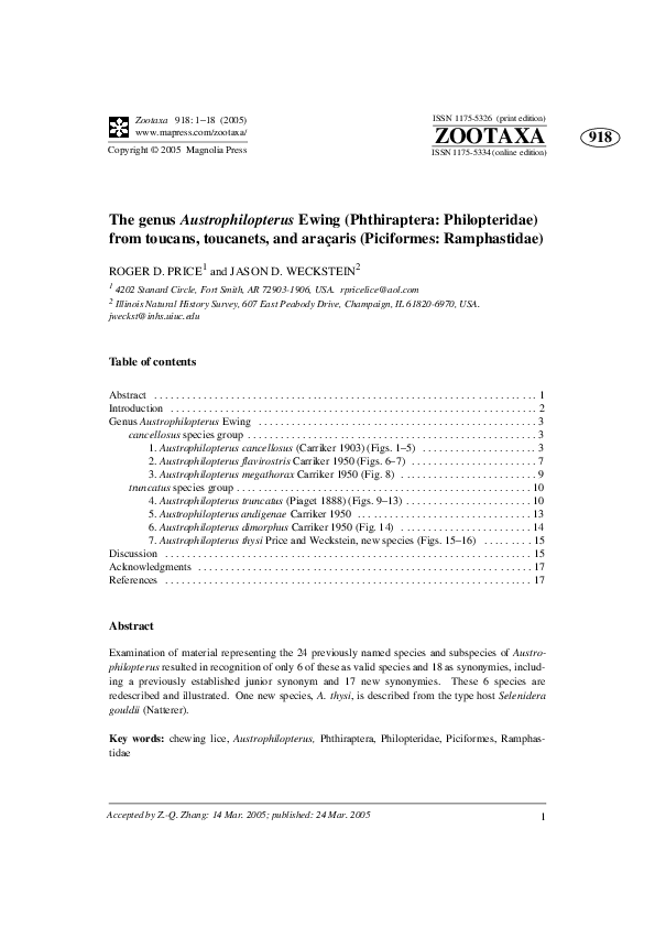(PDF) The genus Austrophilopterus Ewing (Phthiraptera: Philopteridae ...