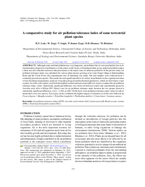 (PDF) A comparative study for air pollution tolerance index of some terrestrial plant species