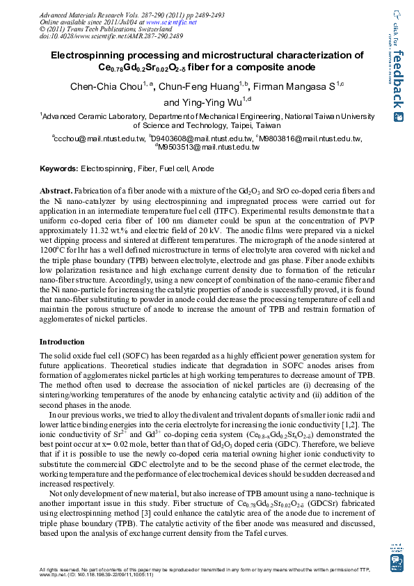 Electrospinning processing and microstructural characterization of Ce0.78Gd0.2Sr0.02O2-δ fiber ...