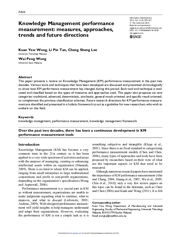 (PDF) Knowledge Management performance measurement: measures, approaches, trends and future ...