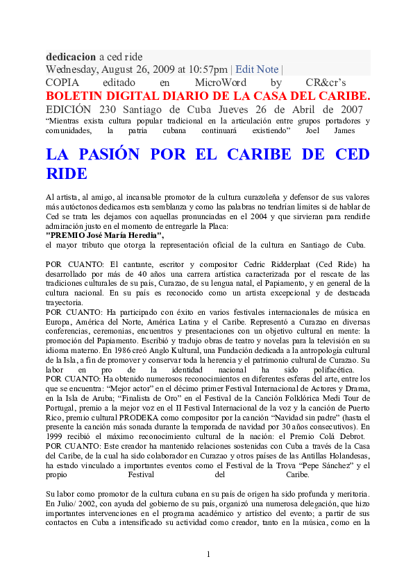 (DOC) Ced Ride, músico del Caribe, por José Millet