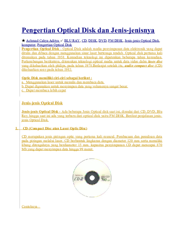 (DOC) Pengertian Optical Disk dan Jenis-jenisnya