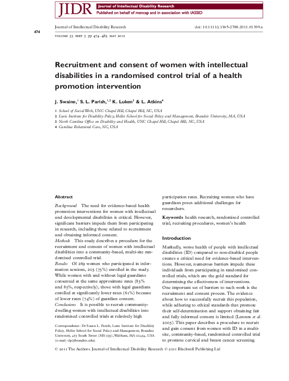 (PDF) Recruitment and consent of women with intellectual disabilities ...