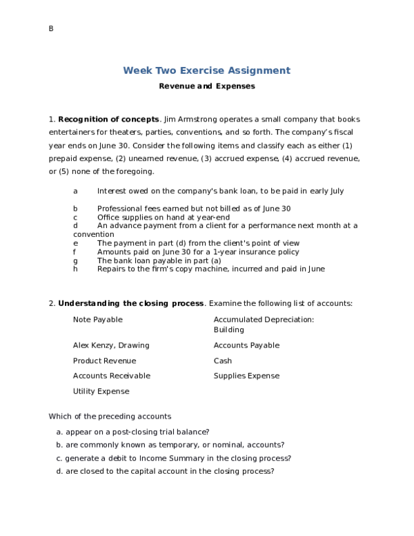 (DOC) Week Two Exercise Assignment Revenue and Expenses