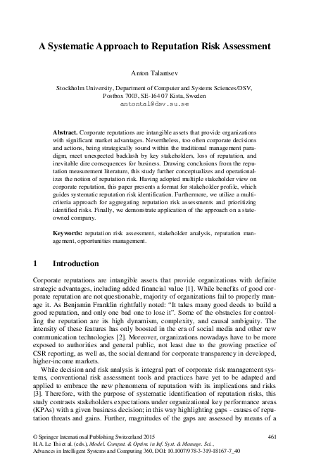 (PDF) A Systematic Approach to Reputation Risk Assessment