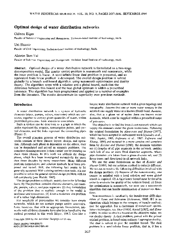 Pdf Optimal Design Of Water Distribution Networks