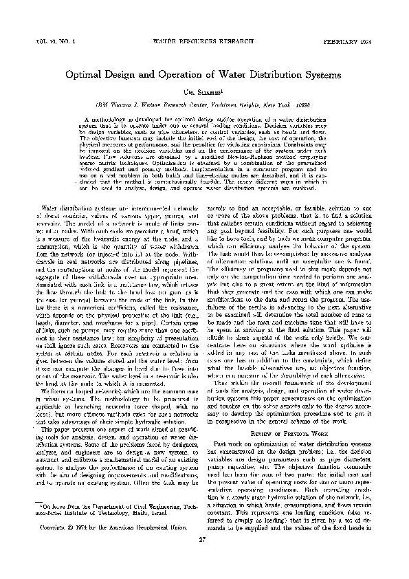 Pdf Optimal Design And Operation Of Water Distribution Systems