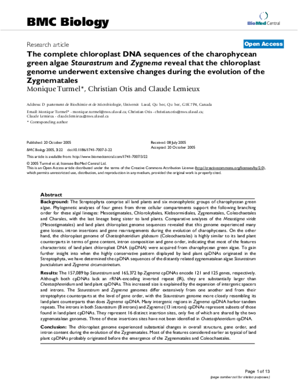 (PDF) The complete chloroplast DNA sequences of the charophycean green ...