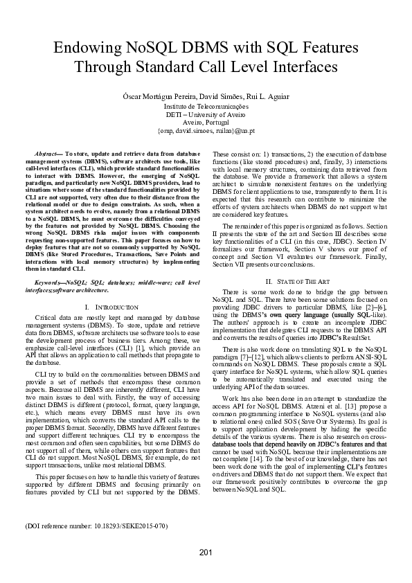 (PDF) Endowing NoSQL DBMS with SQL Features Through Standard Call Level Interfaces