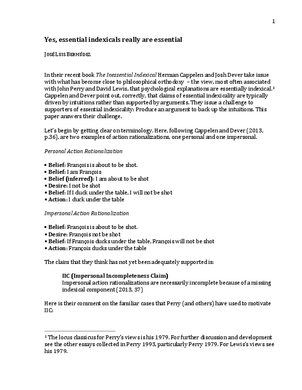 (PDF) (Forthcoming) Yes, essential indexicals really are essential ...
