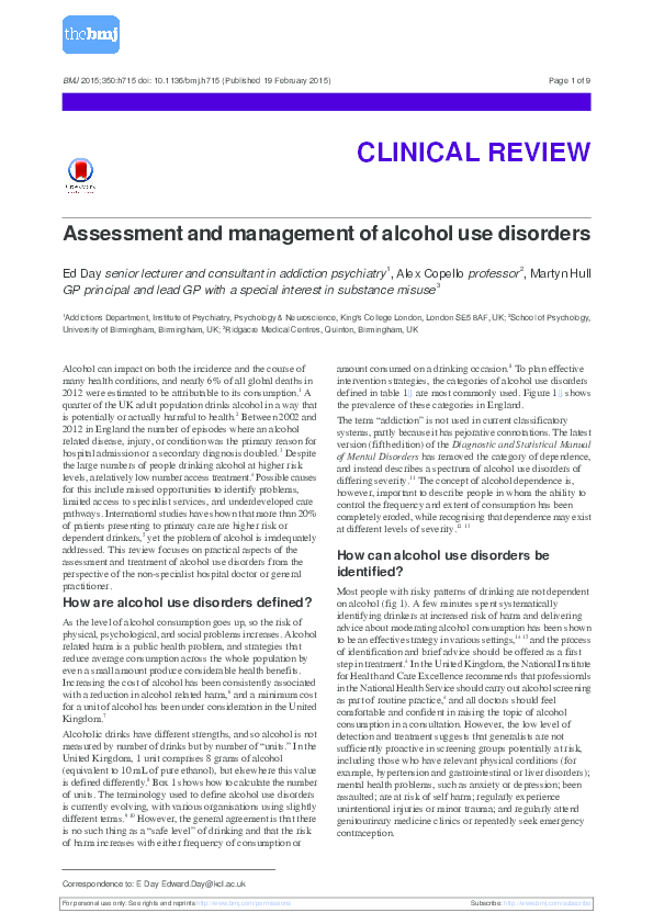 (PDF) Assessment and management of alcohol use disorders