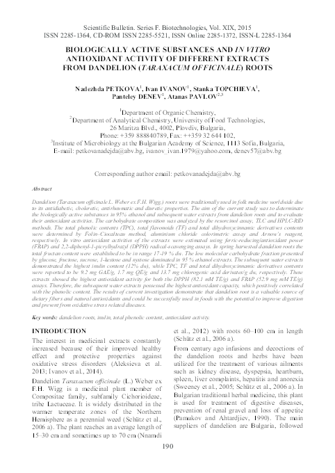 (PDF) BIOLOGICALLY ACTIVE SUBSTANCES AND IN VITRO ANTIOXIDANT ACTIVITY OF DIFFERENT EXTRACTS ...