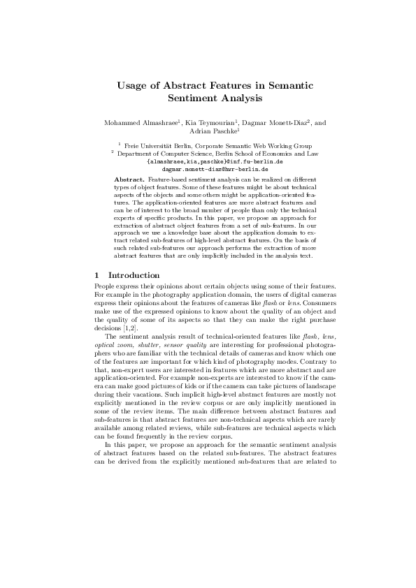 (PDF) Usage of Abstract Features in Semantic Sentiment Analysis