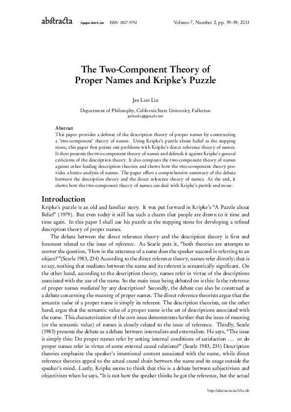 (PDF) The Two-Component Theory of Proper Names and Kripke's Puzzle