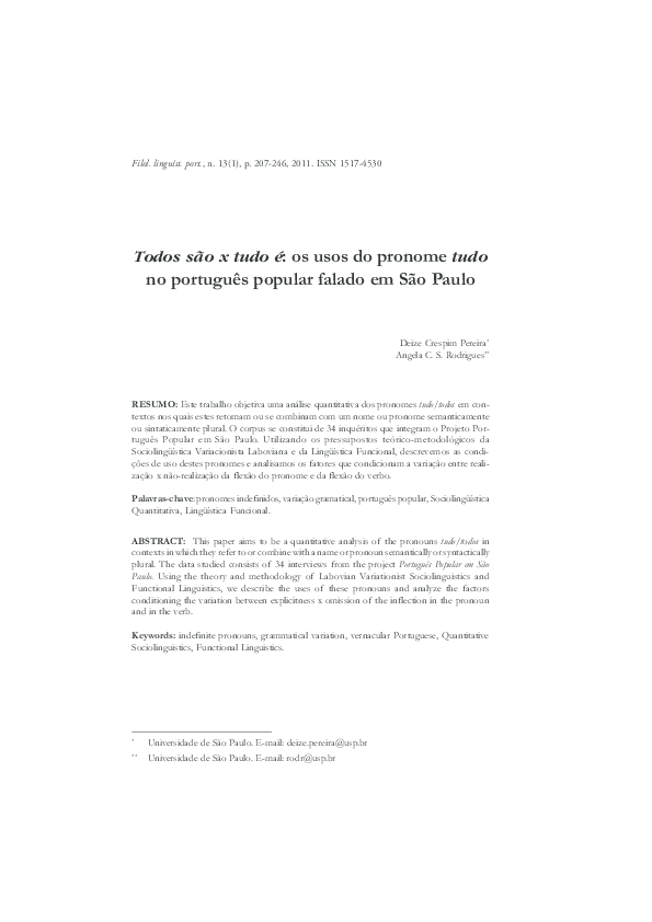 (PDF) Todos são x tudo é: os usos do pronome tudo no português popular ...