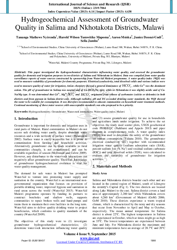 (PDF) Hydrogeochemical Assessment of Groundwater Quality in Salima and Nkhotakota Districts, Malawi