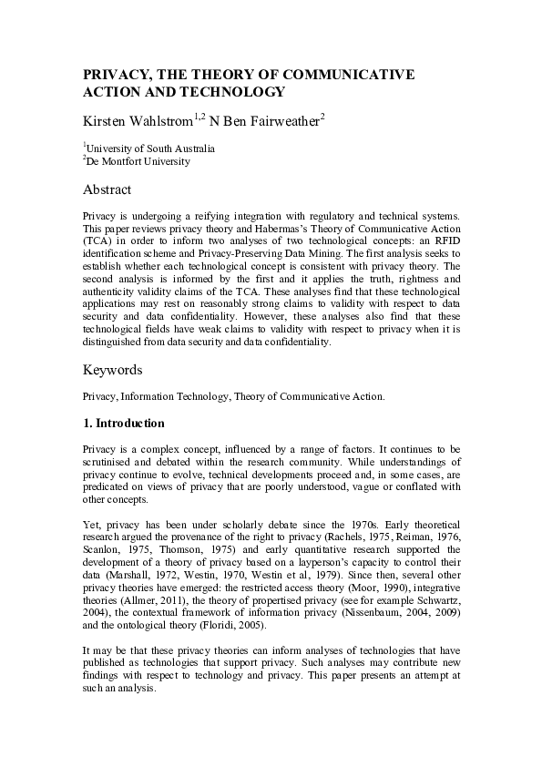 (PDF) Privacy, the Theory of Communicative Action and Technology