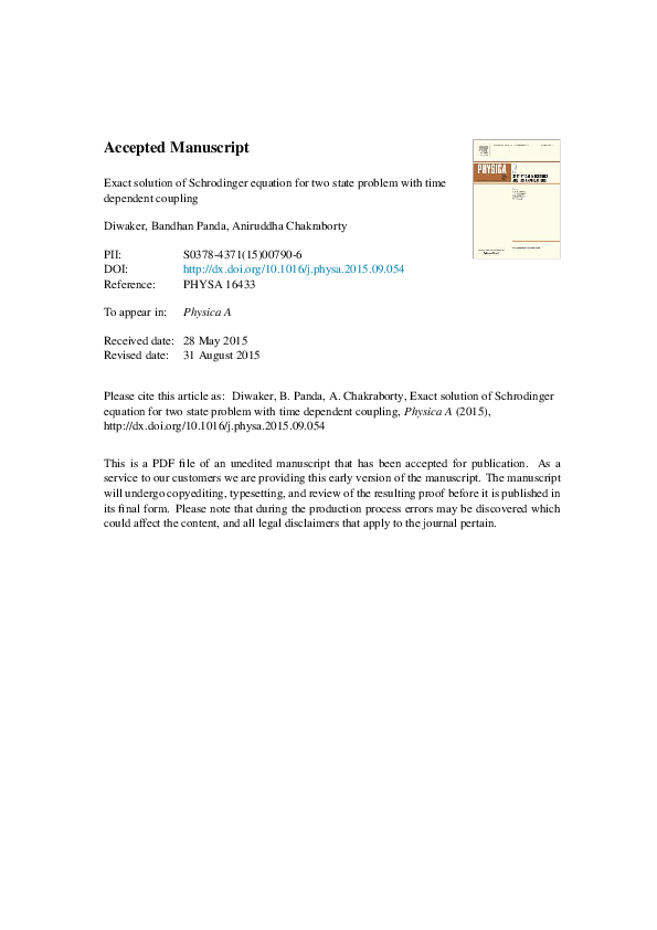 Pdf Exact Solution Of Schrodinger Equation For Two State Problem With Time Dependent Coupling