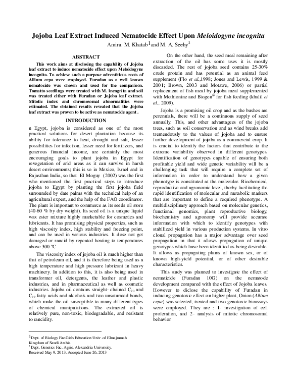 (PDF) Jojoba Leaf Extract Induced Nematocide Effect Upon Meloidogyne ...