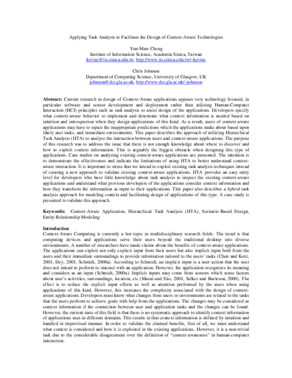 Pdf Applying Task Analysis To Facilitate The Design Of Context Aware Technologies Ajit