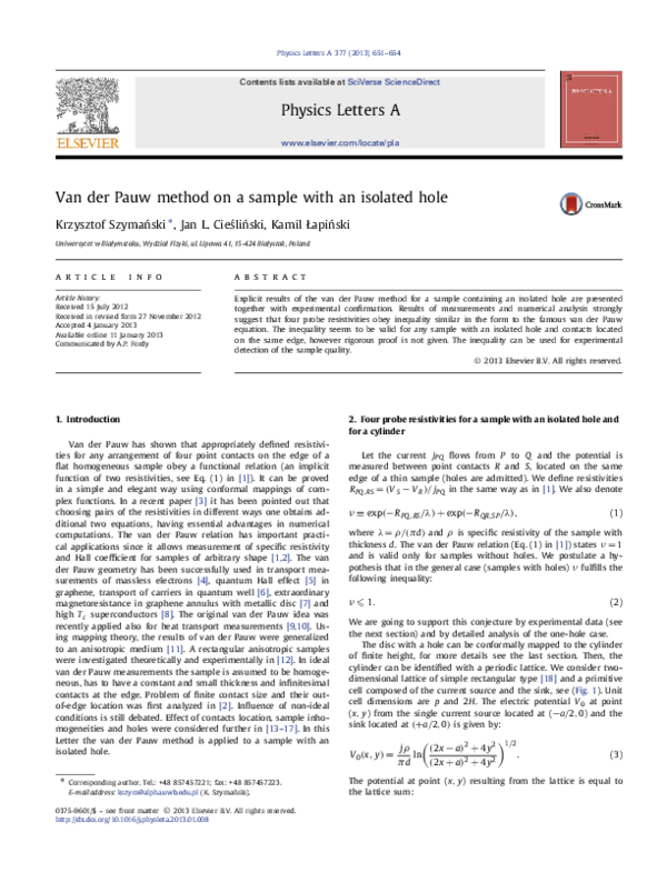 (PDF) Van der Pauw method on a sample with an isolated hole
