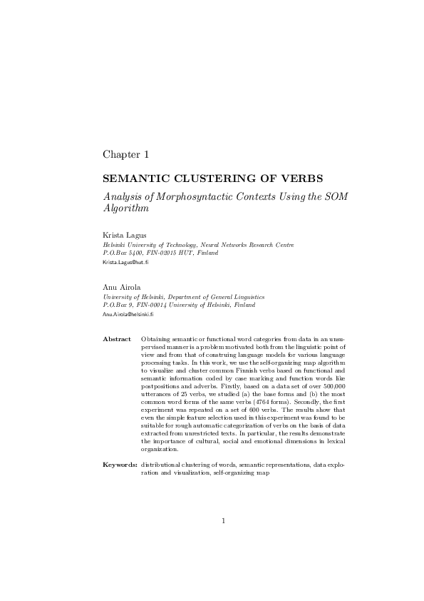 Pdf Semantic Clustering Of Verbs Analysis Of Morphosyntactic Contexts Using The Som Algorithm