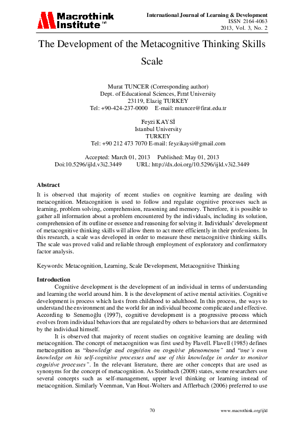 (PDF) The Development of the Metacognitive Thinking Skills Scale