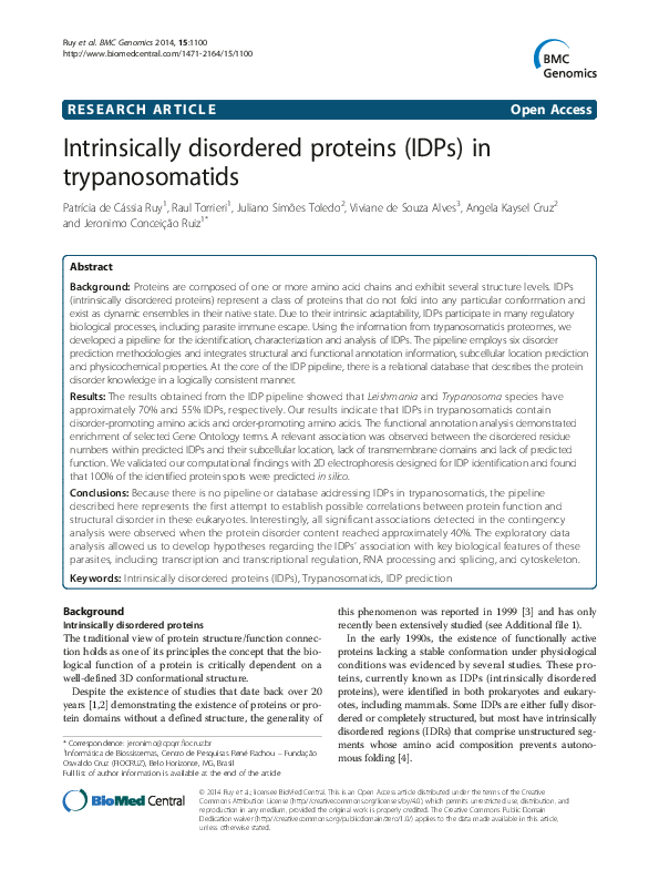 (PDF) Intrinsically disordered proteins (IDPs) in trypanosomatids