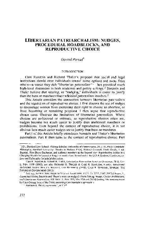 (PDF) Libertarian Patriarchalism: Nudges, Procedural Roadblocks, and ...