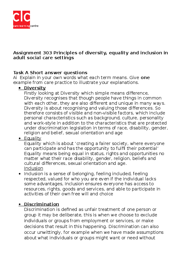 (DOC) Assignment 303 Principles of diversity, equality and inclusion in ...