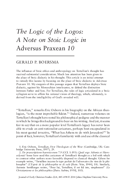 (PDF) The Logic of the Logos: A Note on Stoic Logic in Adversus Praxean 10. Journal of Early ...