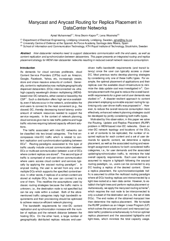 (PDF) Manycast and Anycast Routing for Replica Placement in DataCenter Networks