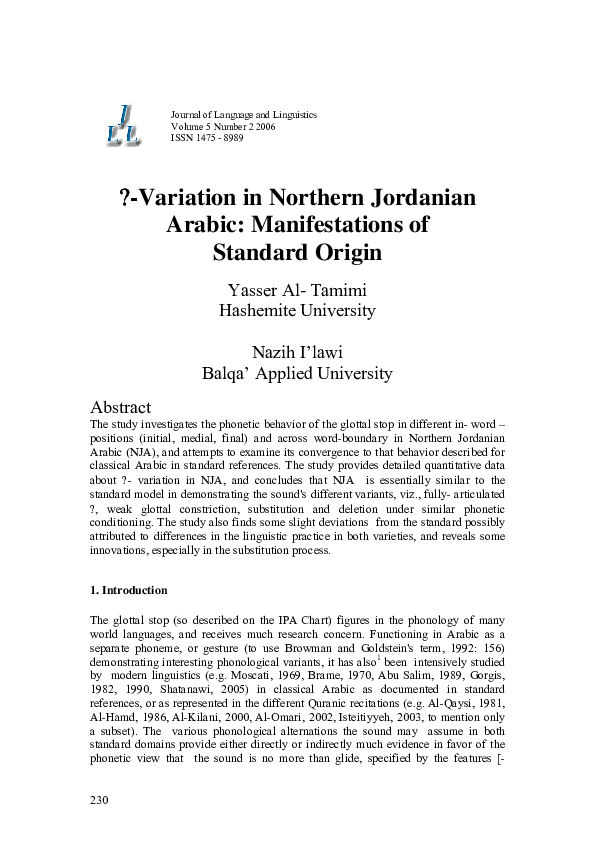 (PDF) ?-Variation in Northern Jordanian Arabic: Manifestations of ...