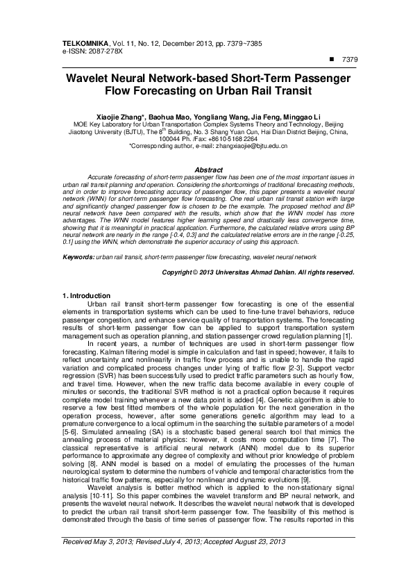 (PDF) Wavelet Neural Network-based Short-Term Passenger Flow Forecasting on Urban Rail Transit