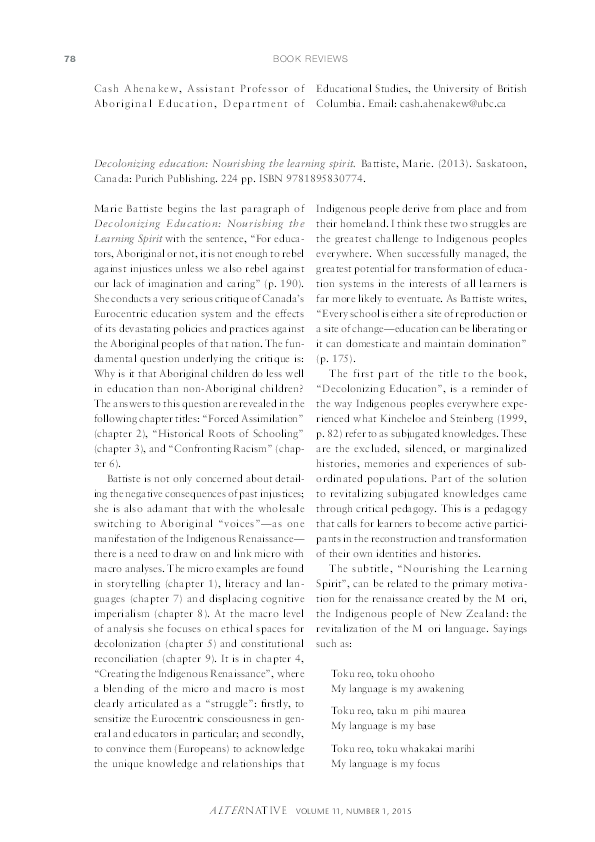 (PDF) Decolonizing Education: Nourishing the Learning Spirit